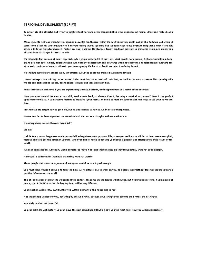 Personal Development Vlog Script | PDF | Anxiety | Mental Health