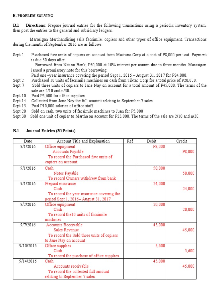 B.1 Directions: Prepare Journal Entries For The Following Transactions ...