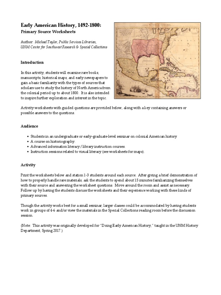 Early American History, 1492-1800:: Primary Source Worksheets | PDF