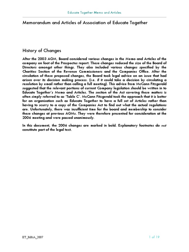Memorandum and Articles of Association | PDF | Board Of Directors | Property