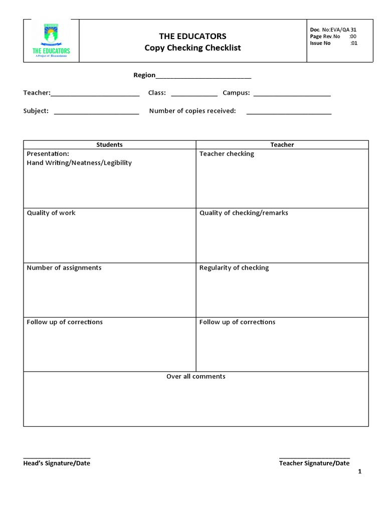 The Educators Copy Checking Checklist: Region | PDF