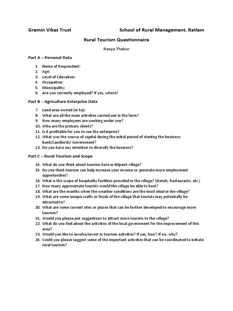 Rural Tourism Questionnaire | PDF