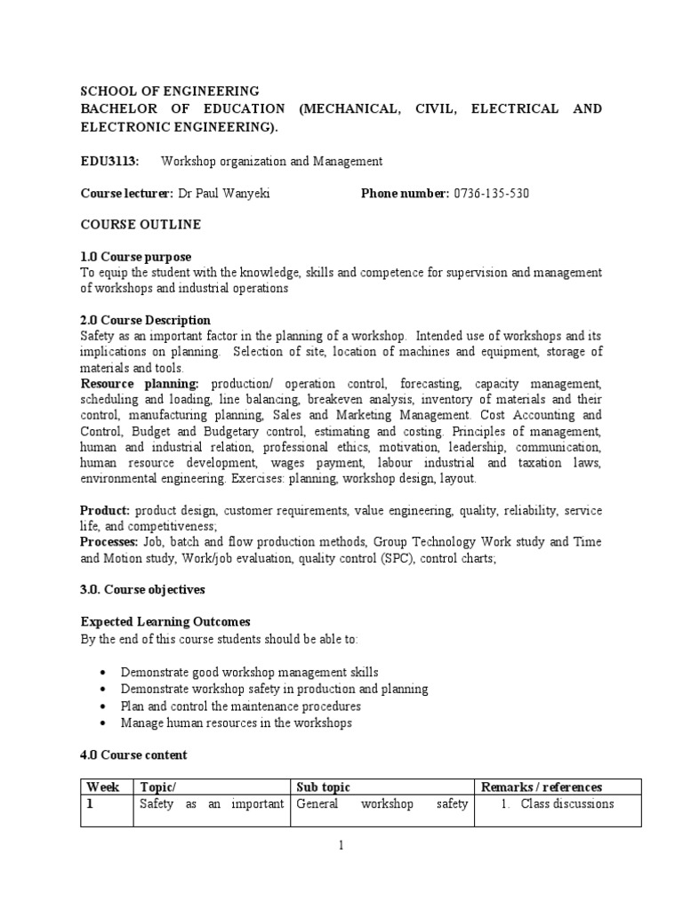 Workshop Organization and Management | PDF | Engineering | Reliability ...