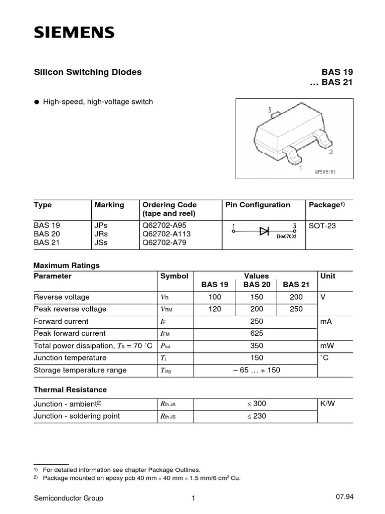 Silicon Switching Diodes BAS 19 BAS 21: Type Ordering Code (Tape and ...