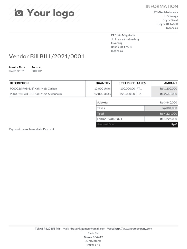 Vendor Bill BILL/2021/0001: Invoice Date: Source | PDF | Payments | Taxes