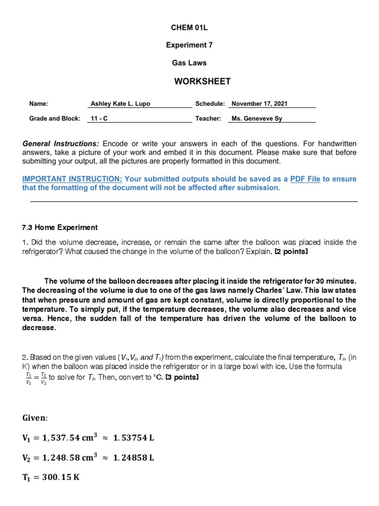 Worksheet - Gas Laws | PDF | Gases | Mathematical Physics