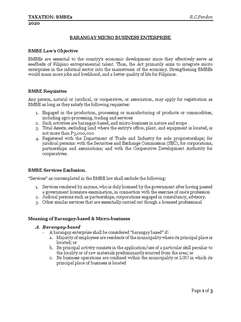 Taxation: Bmbes 2020 Barangay Micro Business Enterprise BMBE Law's ...