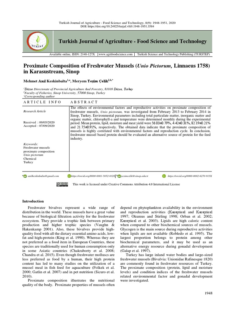 Proximate Composition of Freshwater Mussels (Unio Pictorum, Linnaeus ...