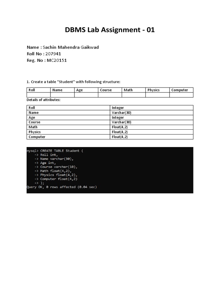 DBMS Lab Assignment - 01: Name: Sachin Mahendra Gaikwad Roll No: 207941 Reg. No: MC20151 | PDF ...