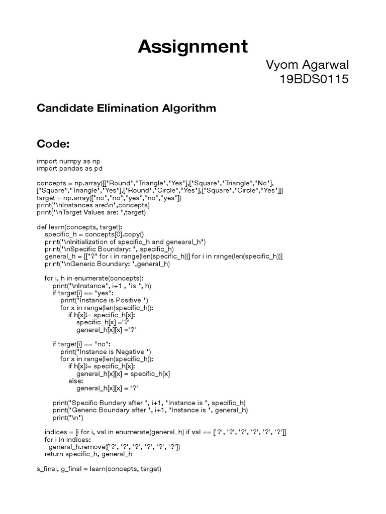 Assignment: Candidate Elimination Algorithm Code | PDF | Computer Programming | Theoretical ...