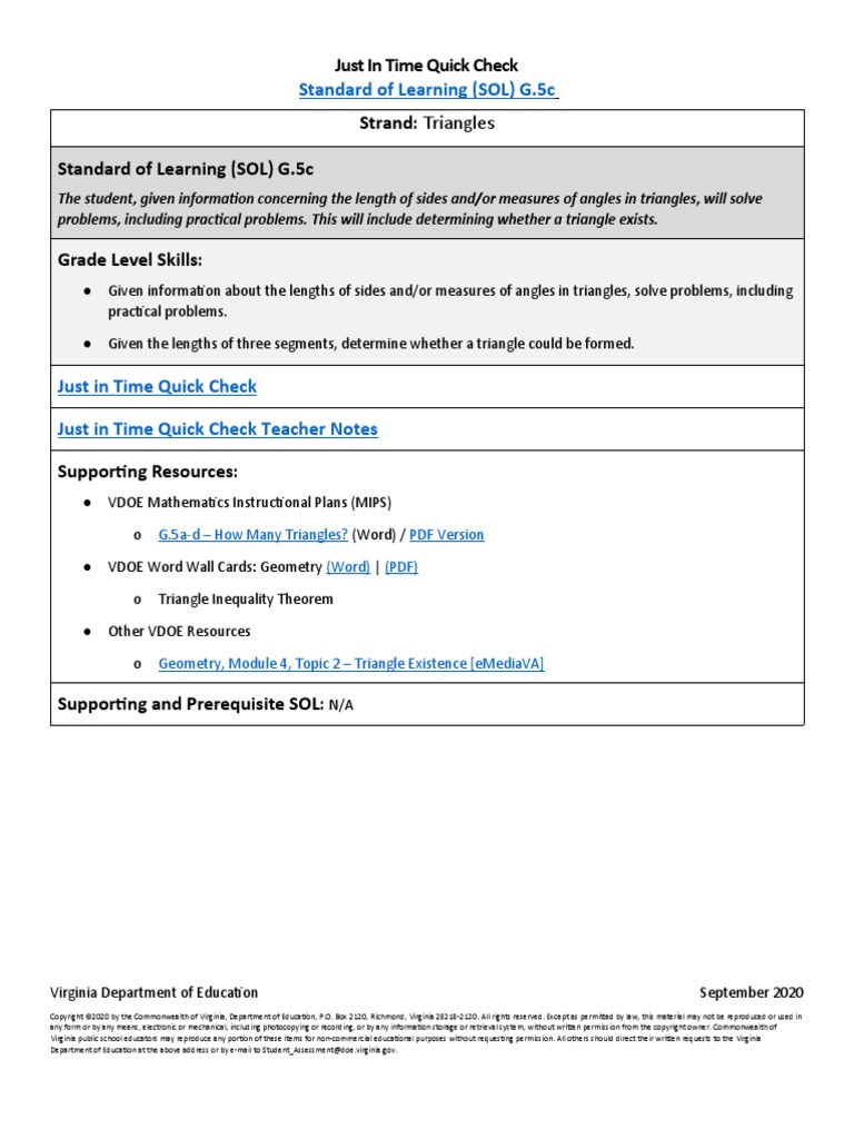 Just in Time Quick Check Strand: Triangles Standard of Learning (SOL) G ...