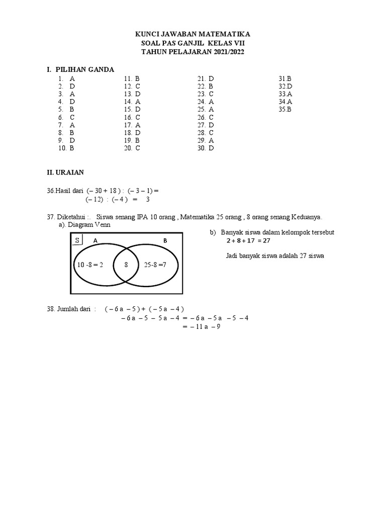 Kunci Jawaban Pas MTK Kls 7 (2021-2022) | PDF | Metode & Bahan Ajar