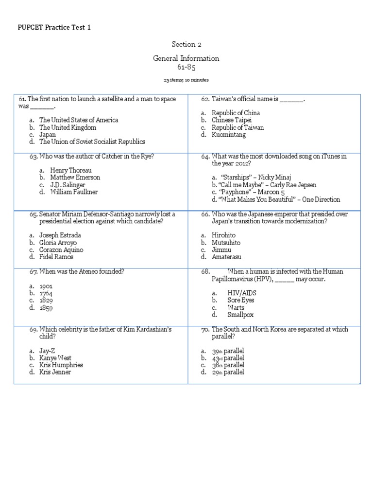 PUPCET Practice Test 1 Section 2 General Information 61-85: 25 Items 10 ...