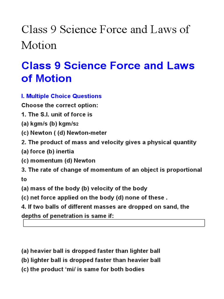 Class 9 Force and Motion Questions | PDF | Force | Newton's Laws Of Motion