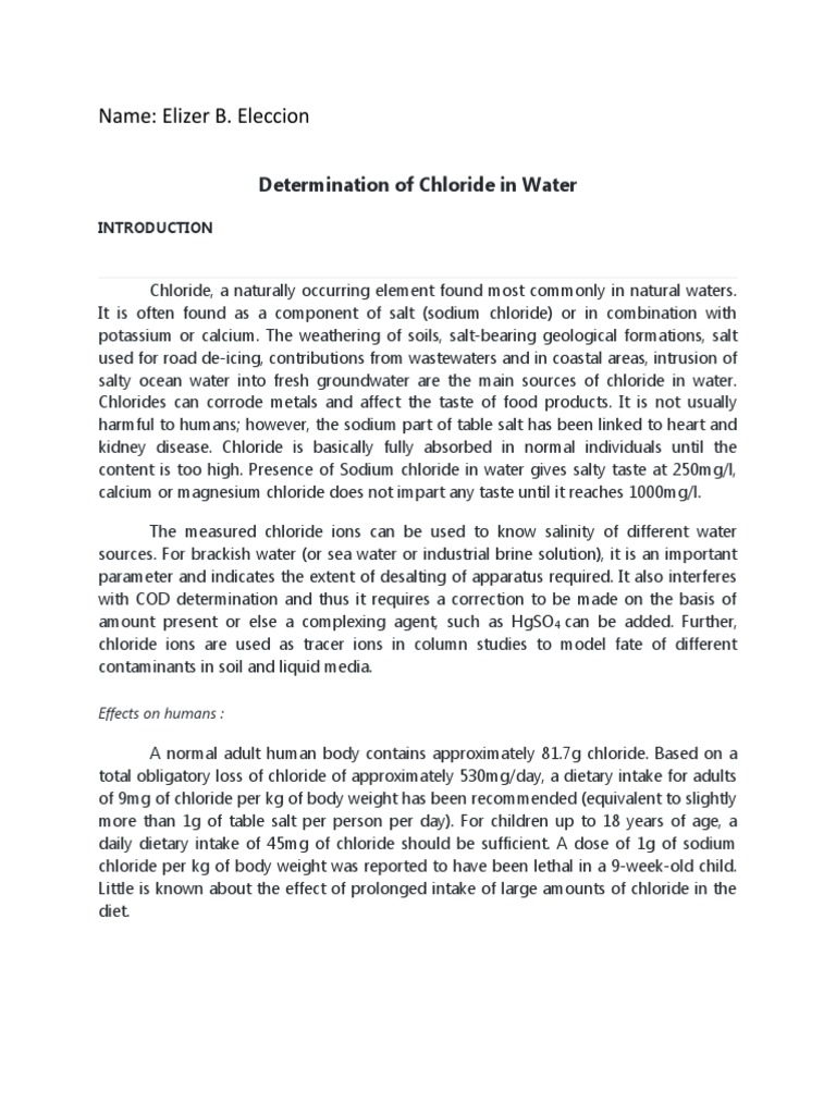 Chloride Determination in Water Analysis | PDF | Chloride | Sodium Chloride