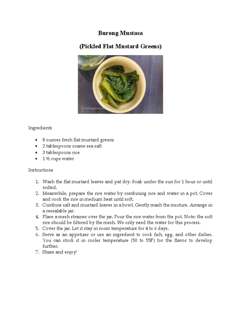 Burong Mustasa (Pickled Flat Mustard Greens) | PDF | Teaspoon | Mayonnaise