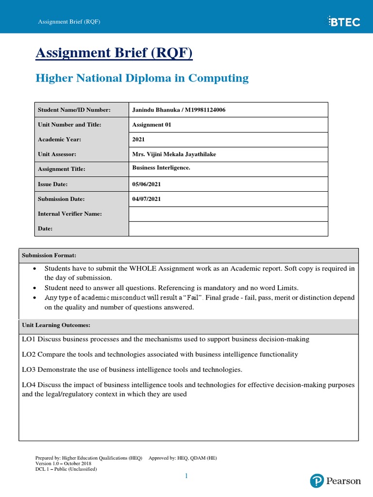 Assignment Brief (RQF) : Higher National Diploma in Computing | PDF ...