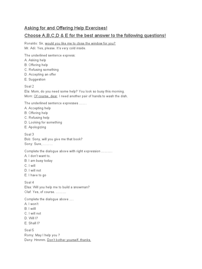 Asking For and Offering Help Exercises | PDF