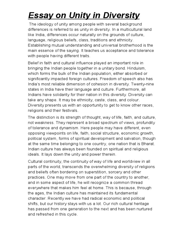 Essay On Unity in Diversity | PDF | Multiculturalism | Toleration