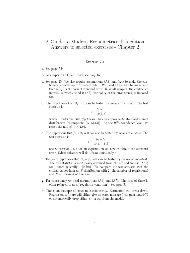 A Guide To Modern Econometrics, 5th Edition Answers To Selected Exercises - Chapter 2 | PDF ...
