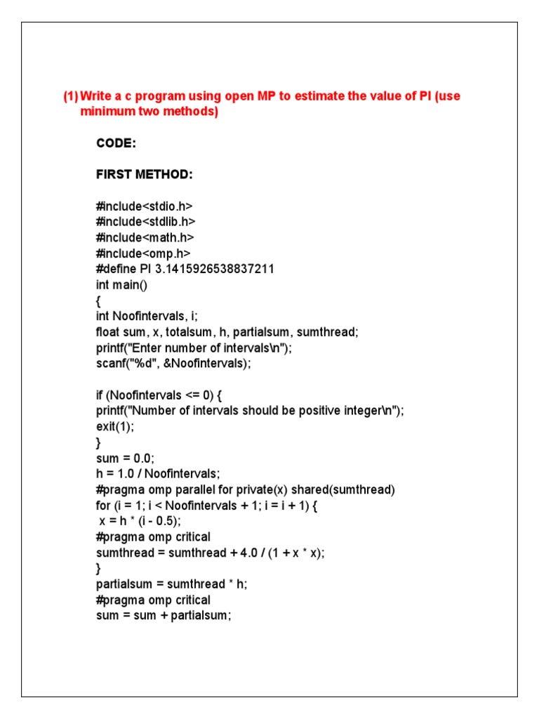 Code: First Method:: (1) Write A C Program Using Open MP To Estimate ...
