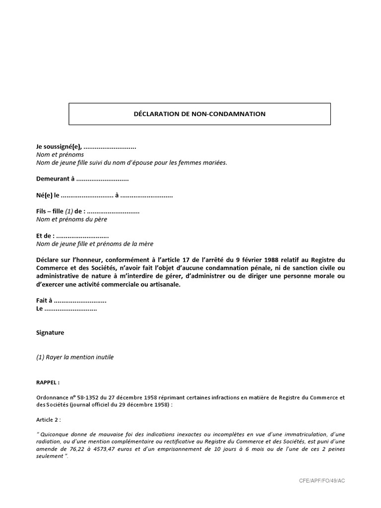 Declaration Non Condamnation | PDF | Droit
