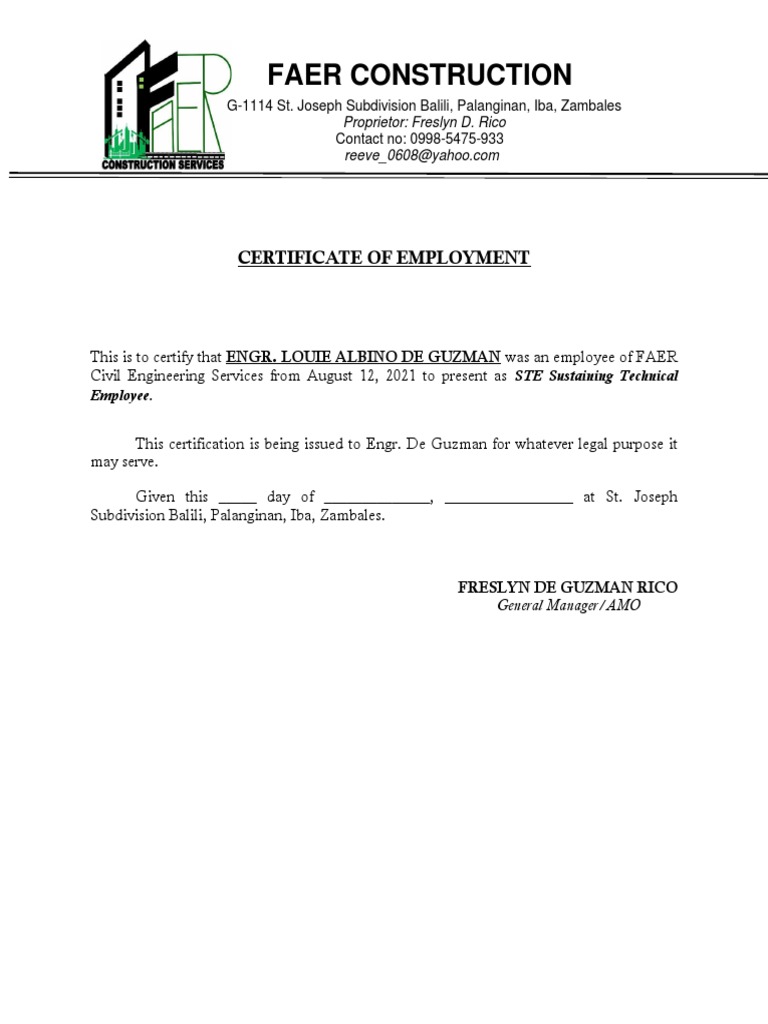 Faer Construction: Certificate of Employment | PDF