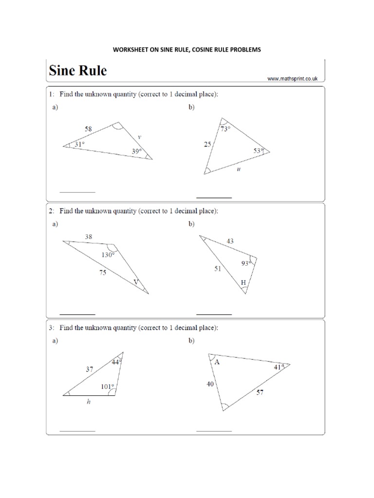 Worksheet - Sine Rule, Cosine Rule | PDF