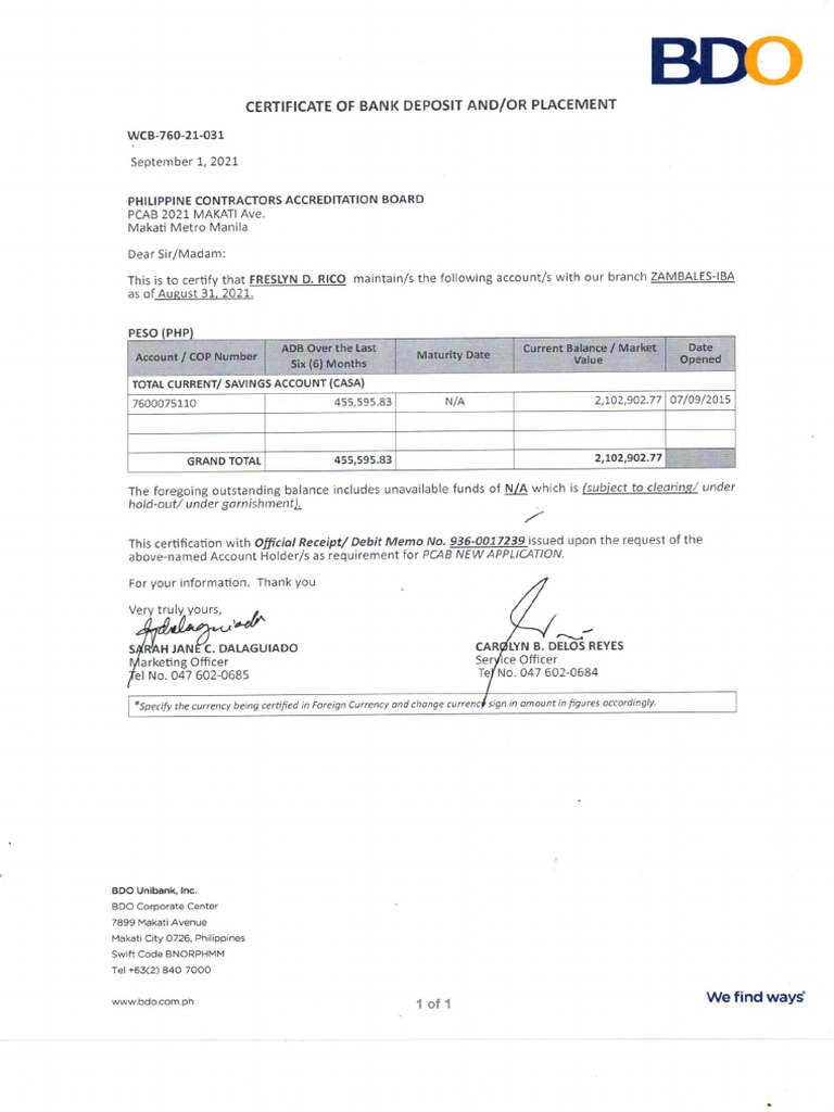BDO - Certificate of Bank Deposit 09-01-21 | PDF