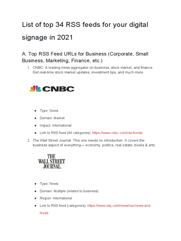 Top 34 RSS Feeds For Your Digital Signage | PDF | Blog | News