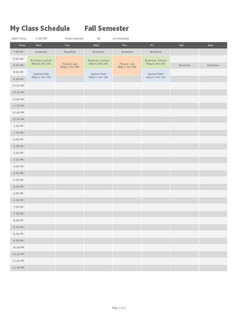 My Class Schedule Fall Semester: Time Mon Tue Wed Thu Fri Sat Sun | PDF