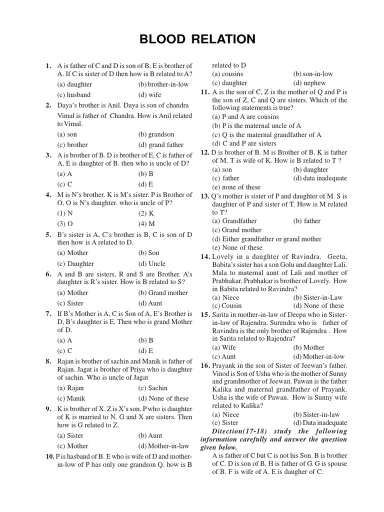Blood Relation: Ditection (17-18) Study The Following Information ...