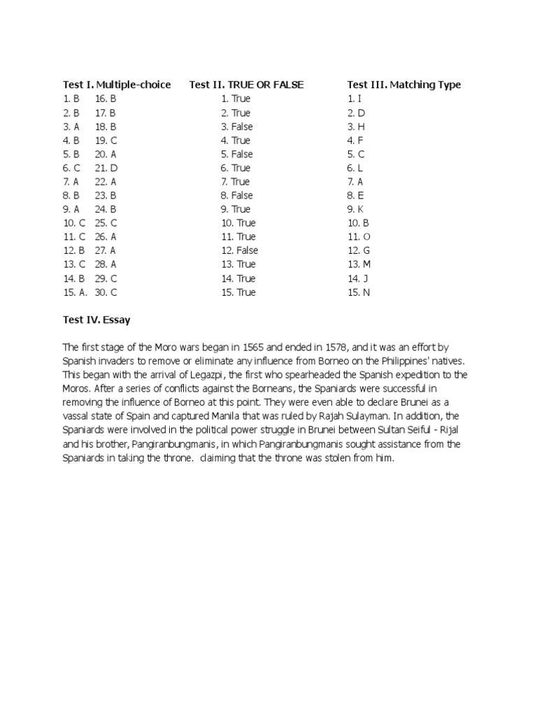 Test I. Multiple-Choice Test Ii. True or False Test III. Matching Type ...