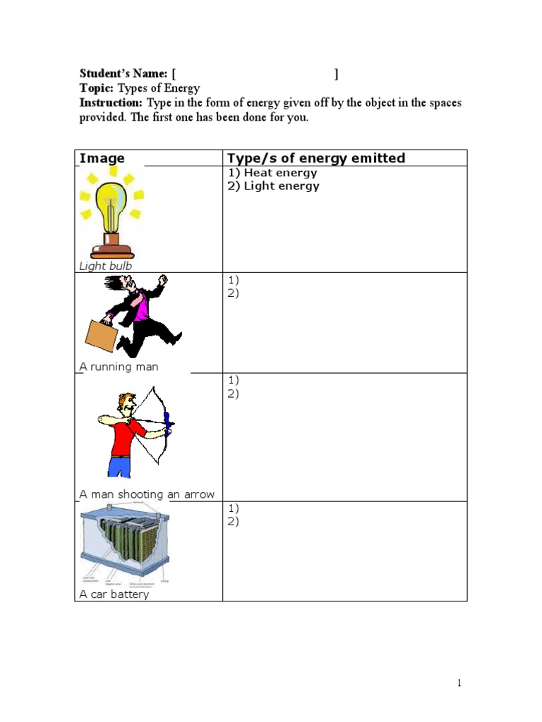Worksheet 1 - Forms of Energy | PDF
