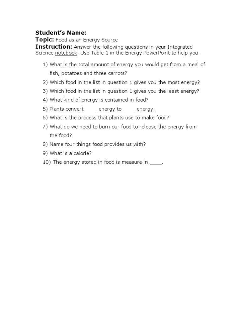 Worksheet 2 - Food As An Energy Source | PDF