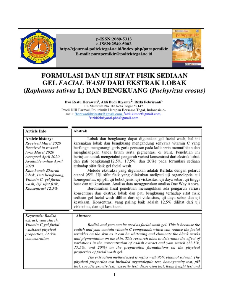 Formulasi Dan Uji Sifat Fisik Sediaan Gel Facial Wash Dari Ekstrak Lobak (Raphanus Sativus L ...