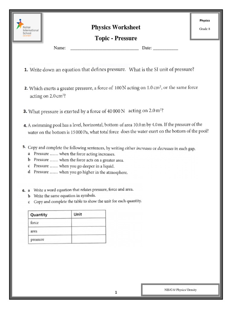 Grade 8 Worksheet Pressure | PDF