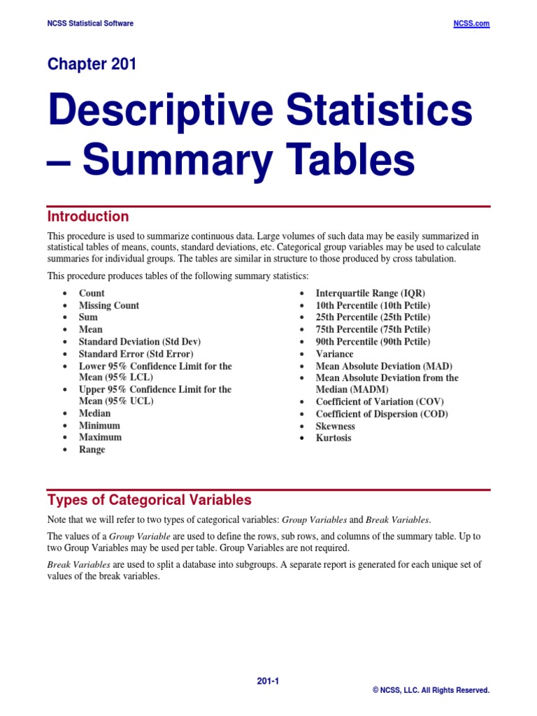 Descriptive Statistics-Summary Tables | PDF