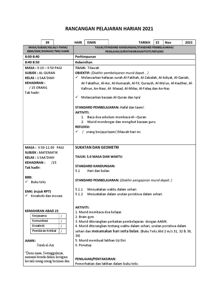 RPH MINGGU Contoh | PDF