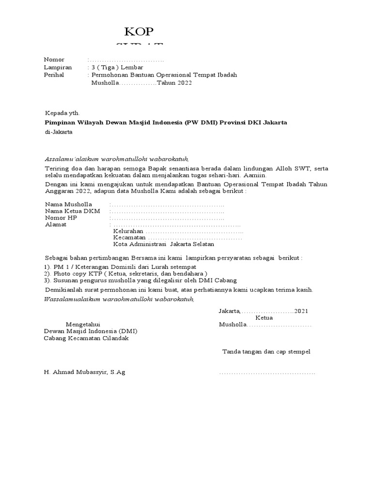Contoh Permohonan BOTI Musholla | PDF