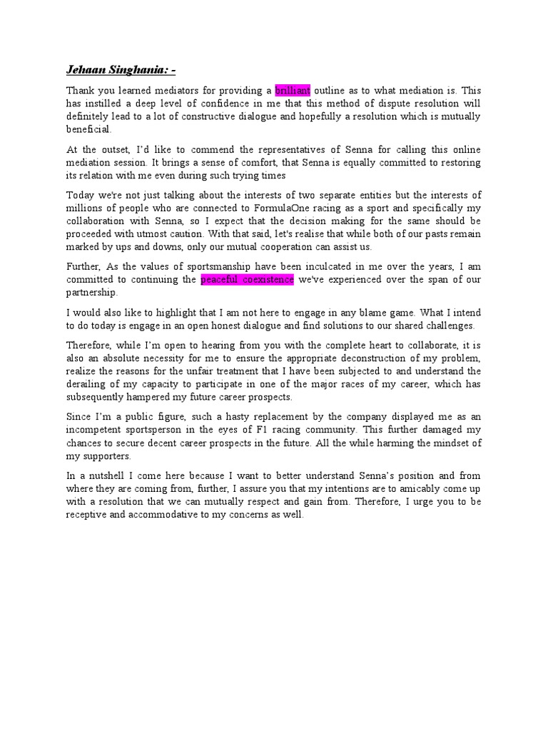 Prelims Opening Statement | Download Free PDF | Mediation