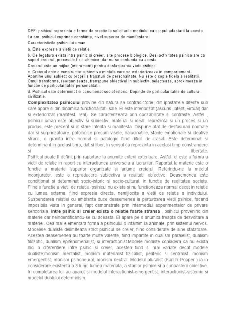 Psihicul Si Caracateristicile Sale | PDF