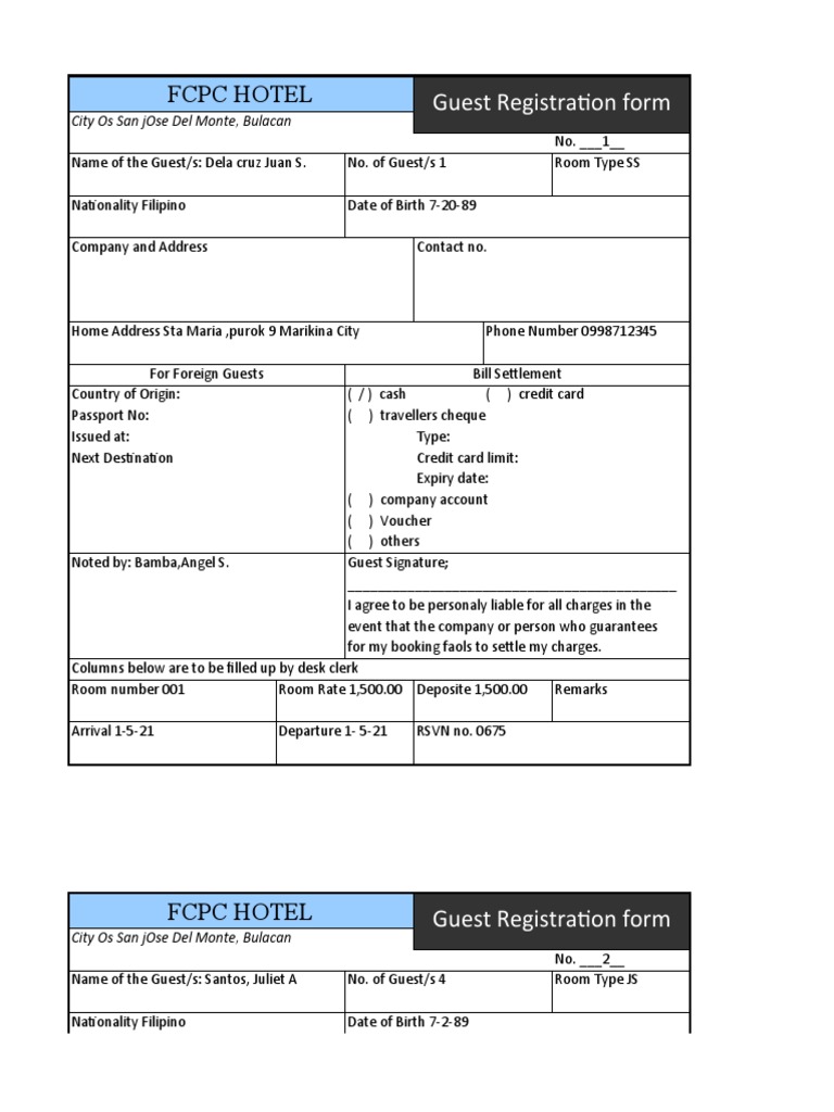 FCPC Hotel Guest Registration Form | PDF | Credit Card | Service Industries