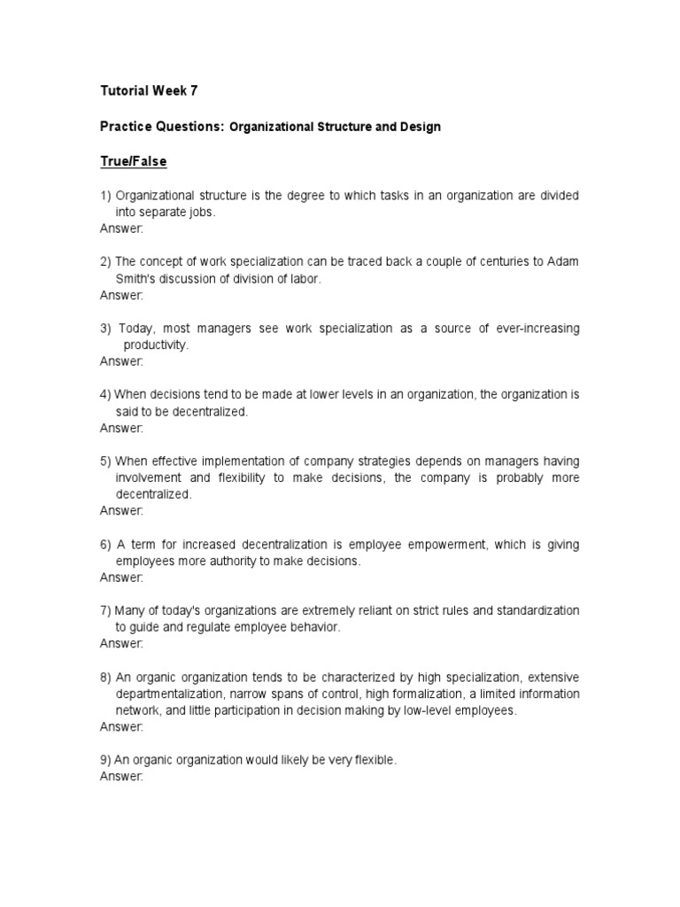 Tutorial Week 7 Practice Questions: True/False | PDF | Organizational Structure | Business