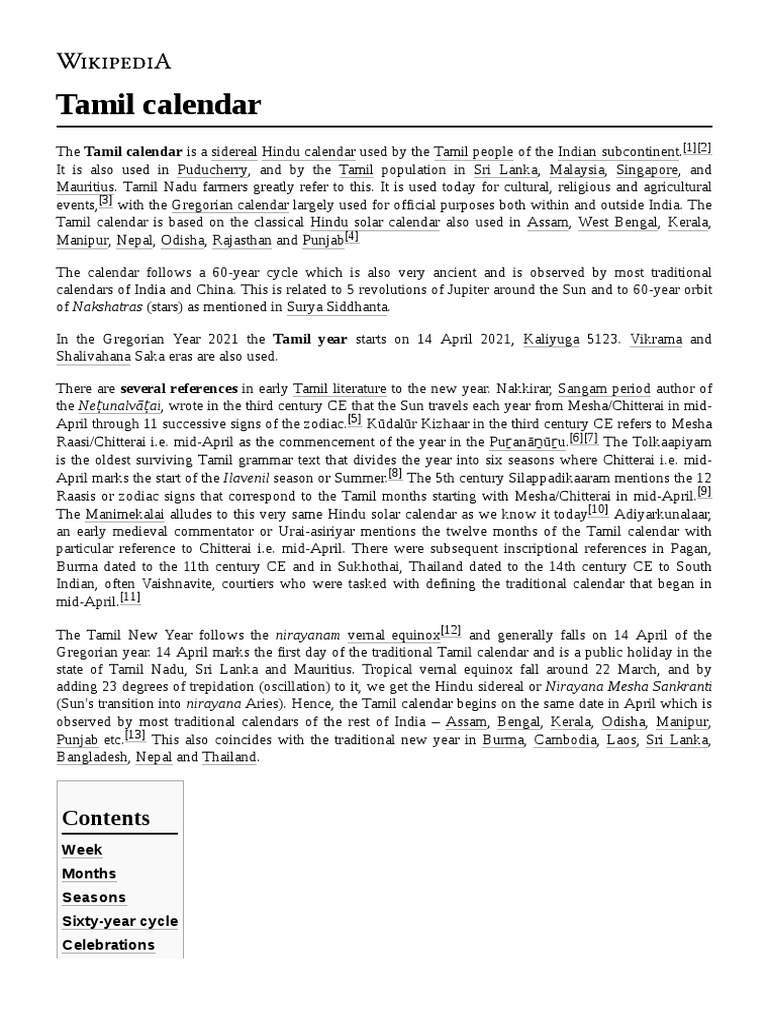 Tamil Calendar: Week Months Seasons Sixty-Year Cycle Celebrations | PDF ...