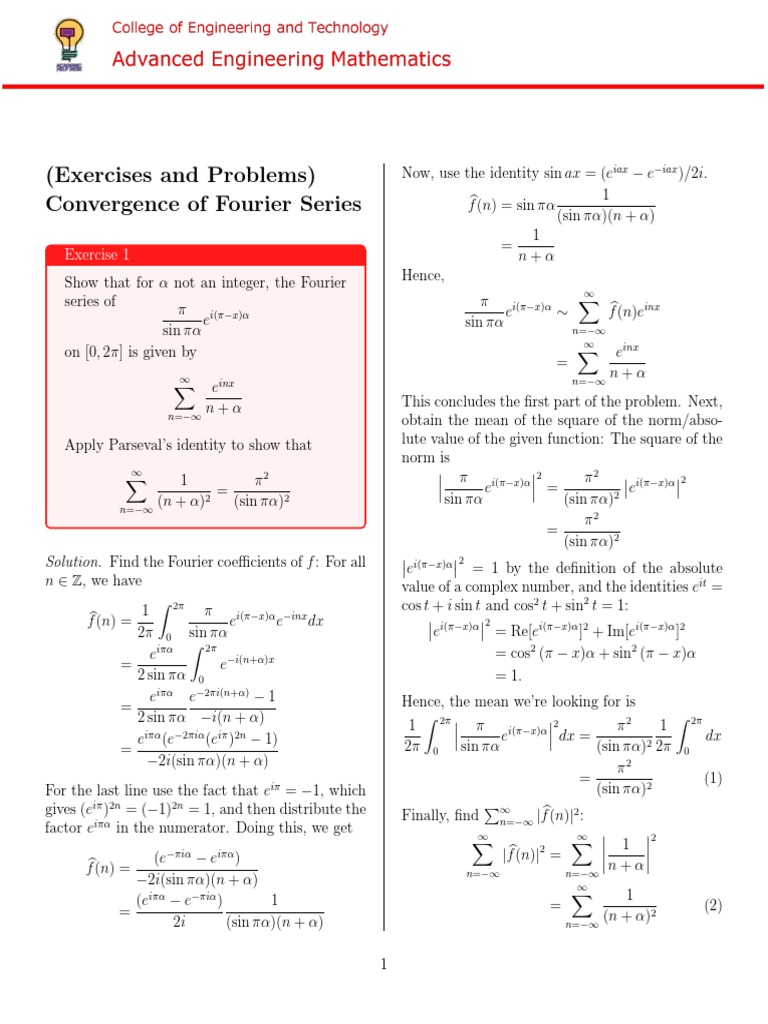 Exercises And Problems Convergence Of Fourier Series Pdf Fourier