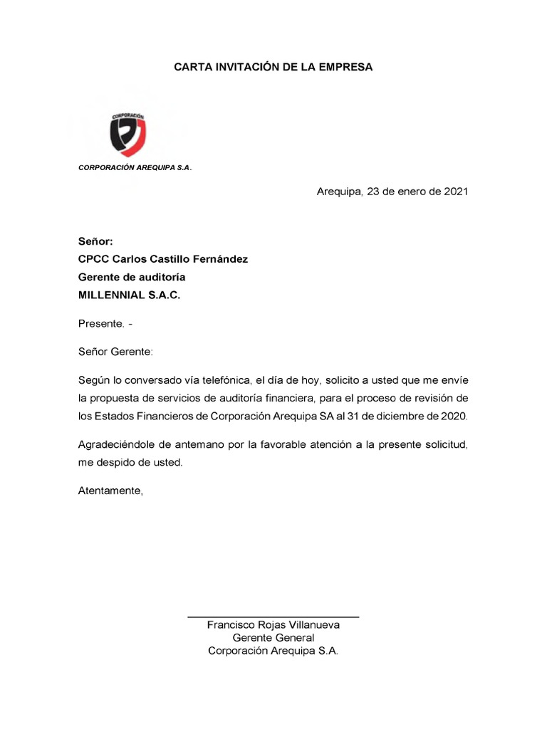 CARTA INVITACIÓN DE LA EMPRESA - Image | PDF