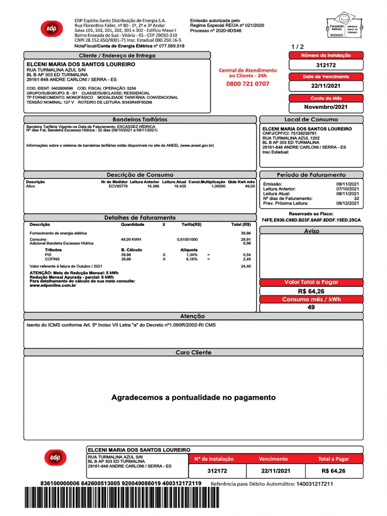 Fatura Edp Escelsa - Ceni | PDF | Eletricidade | Engenharia Elétrica