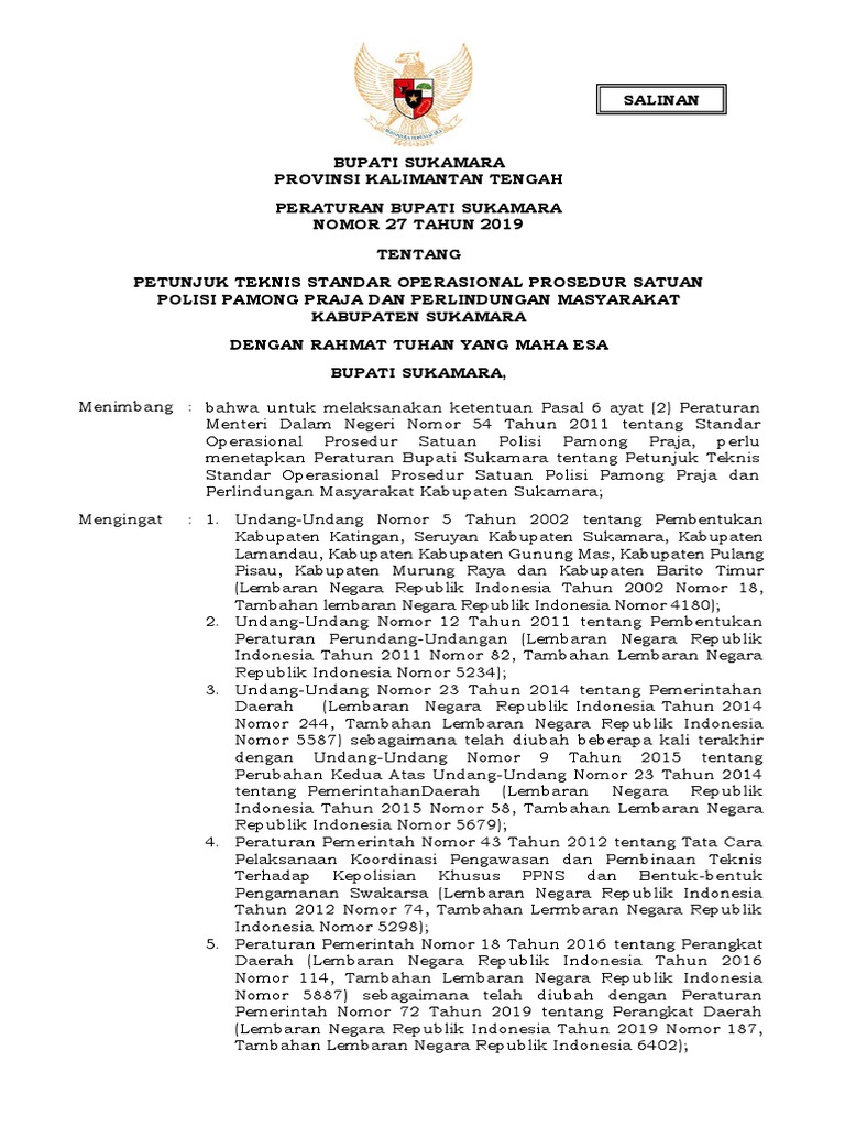 Perbup Nomor 27 Tahun 2019 Tentang SOP SATPOL PP | PDF | Pengelolaan Keuangan & Uang