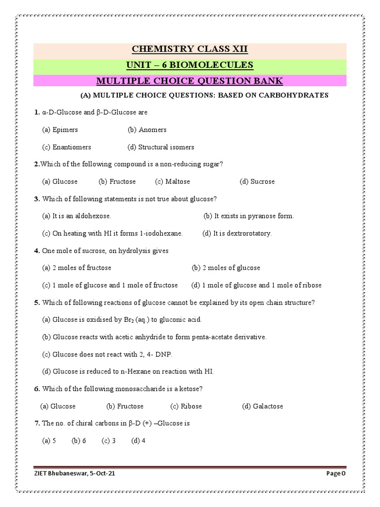 Chemistry Class Xii Unit - 6 Biomolecules Multiple Choice Question Bank ...